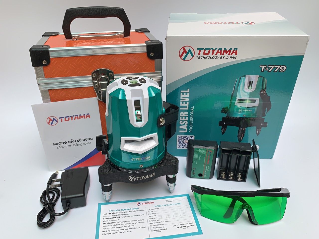 Máy cân mực Laser 5 tia xanh TOYAMA T779 kèm chân 1.2m - Bộ 2 pin dung ...