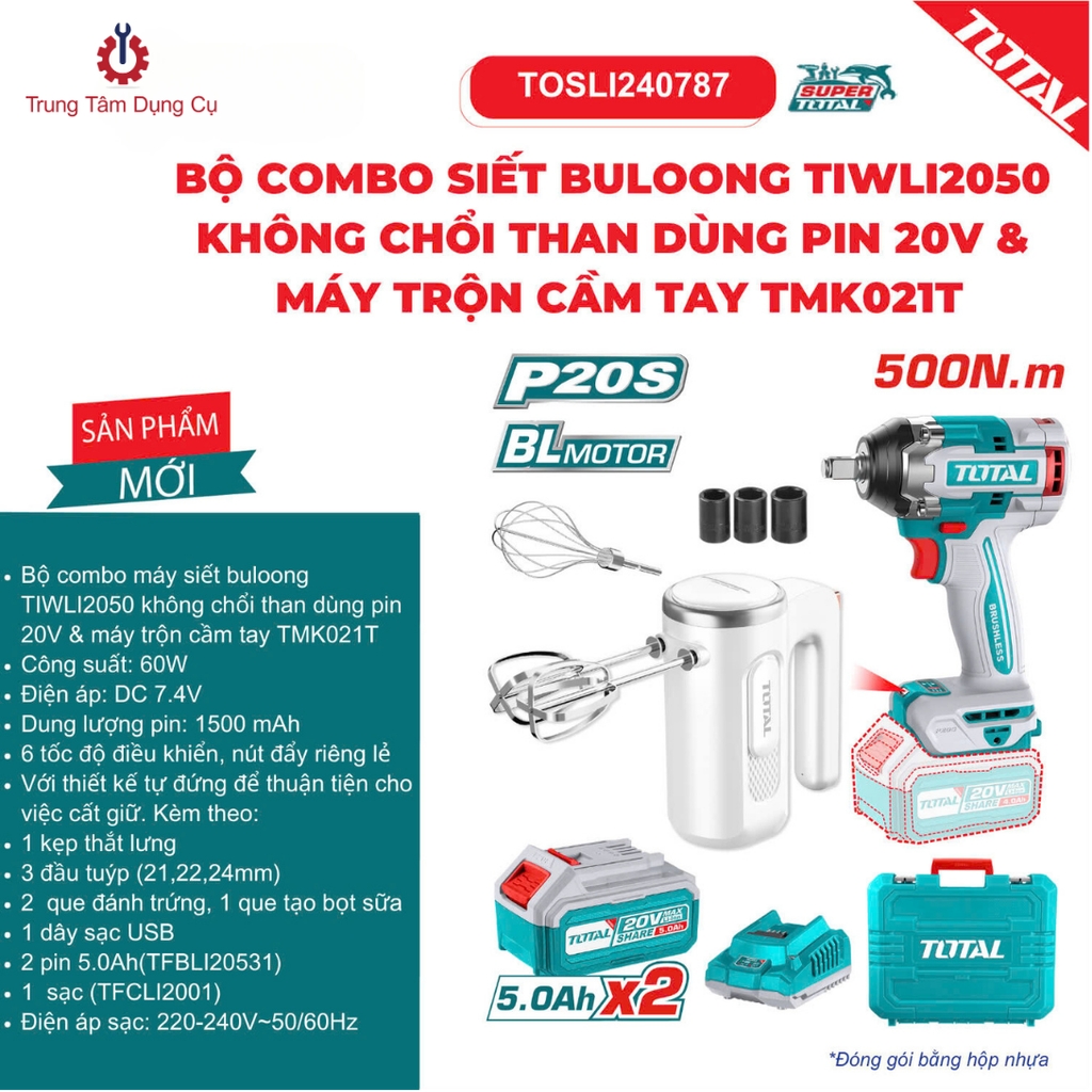 Bộ combo máy siết buloong TIWLI2050 không chổi than dùng pin 20V & máy trộn cầm tay TMK021T ...
